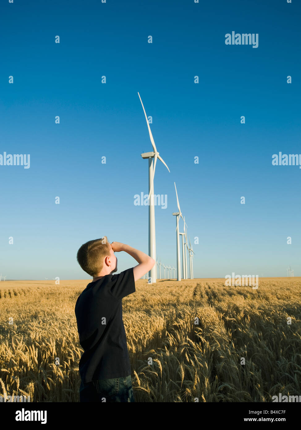 Boy looking up at windmills on wind farm Stock Photo - Alamy