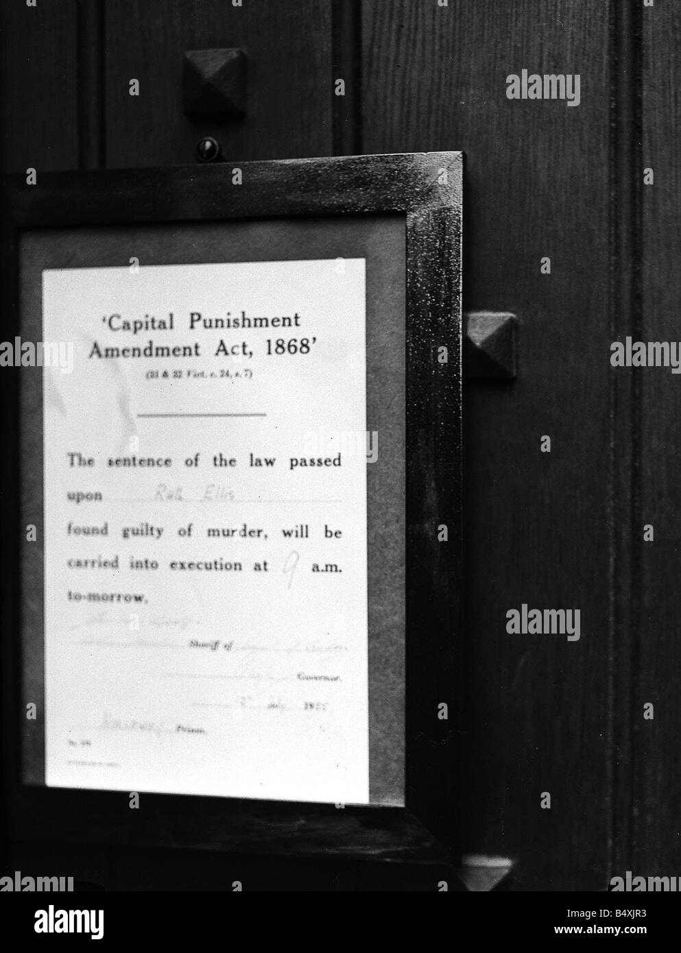 Notice of the hanging of Ruth Ellis on Prison door on the day of ...
