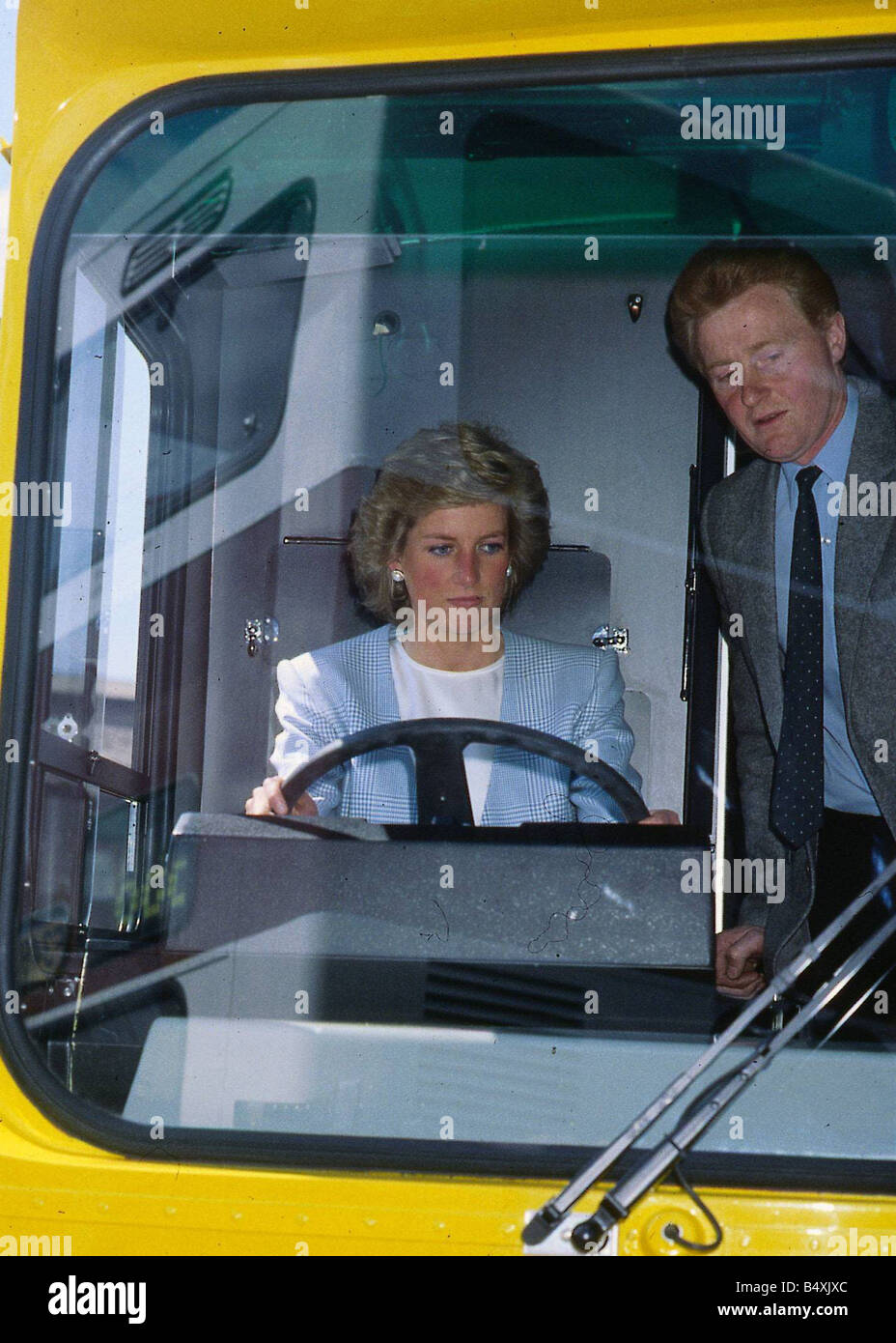 Princess Diana Princess of Wales May 1989 driving a bus watcged by John ...