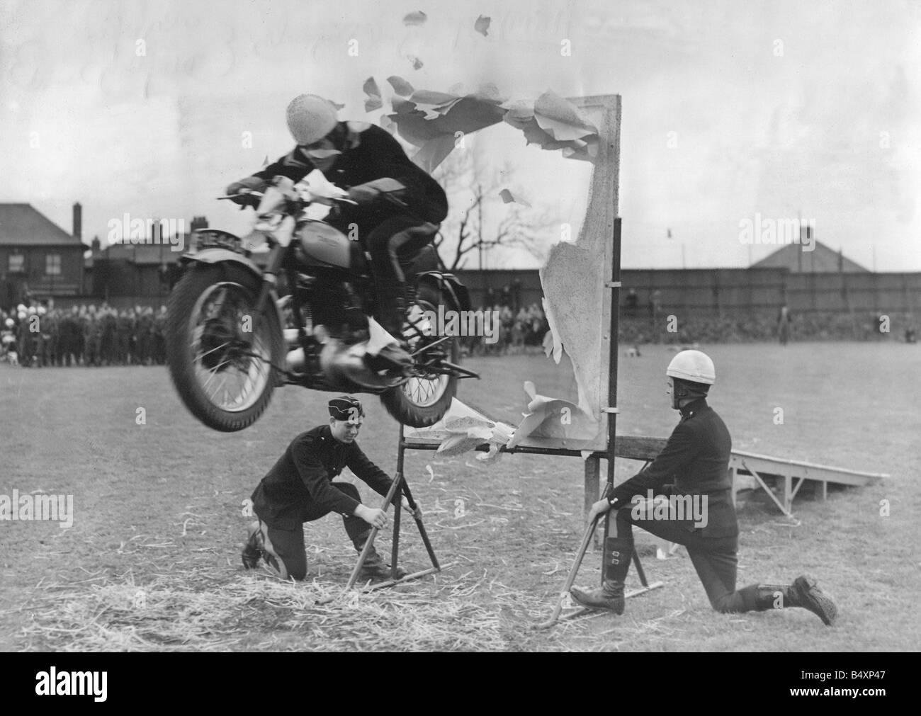 The jump through the paper hoop one of the many solo motorcycle tricks ...