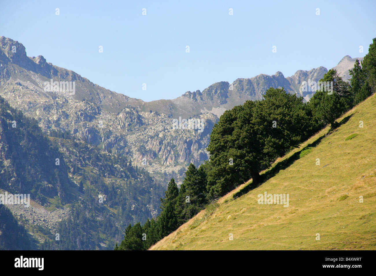 Sloping landscape with mountain range in background Stock Photo - Alamy