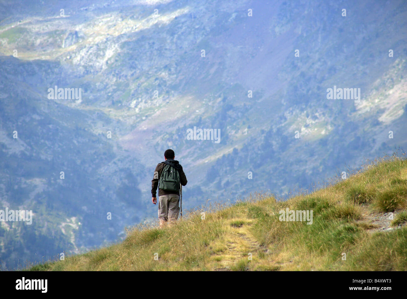 Man standing and looking at view on landscape, rear view Stock Photo ...