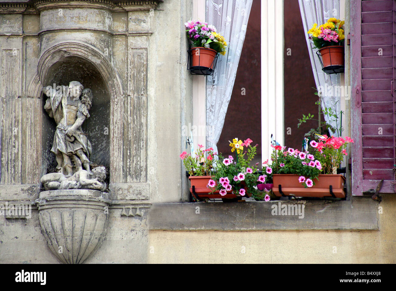 Flowers pot hanging on window Stock Photo - Alamy