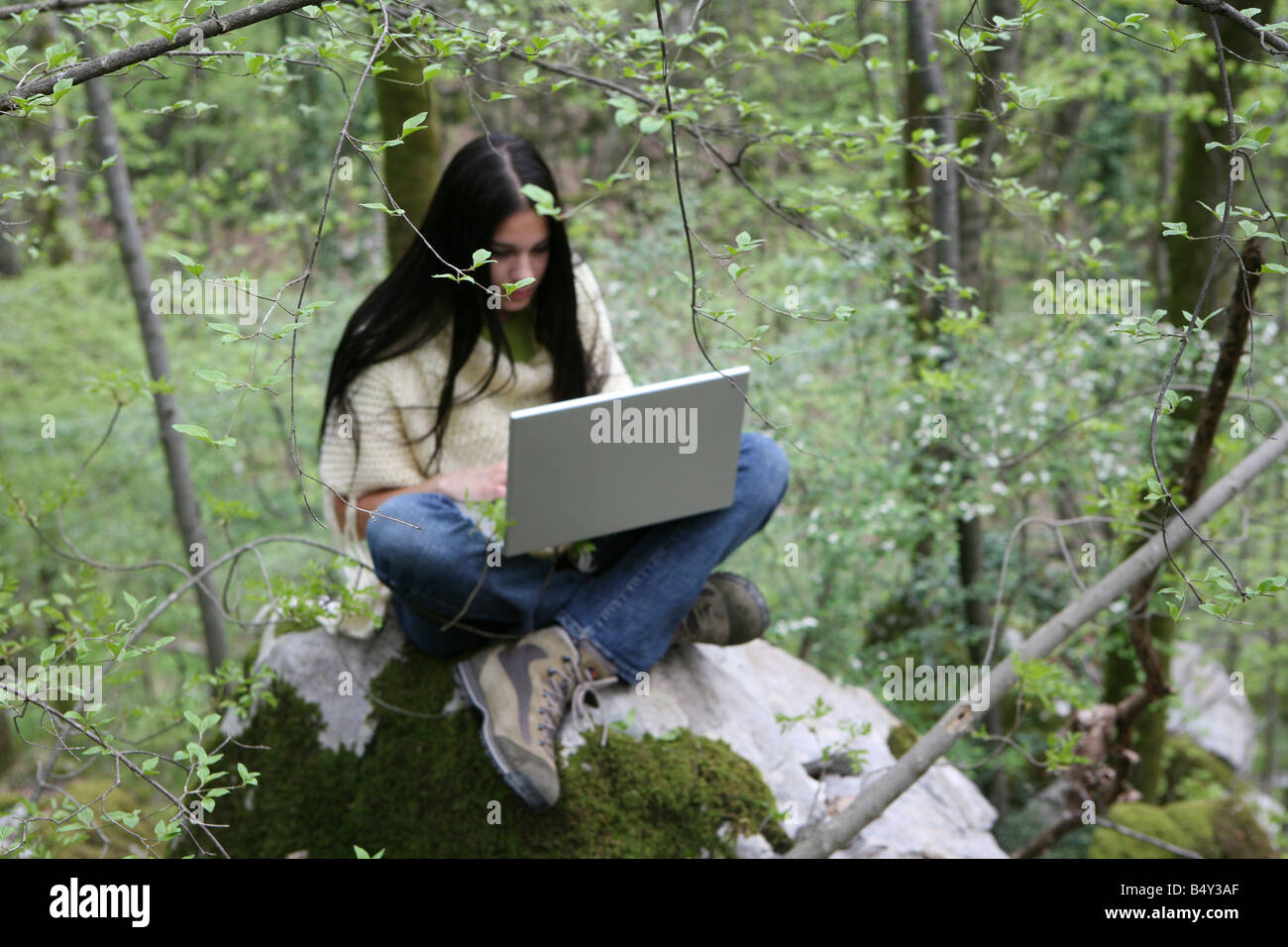 young woman with laptop in the wood Stock Photo - Alamy