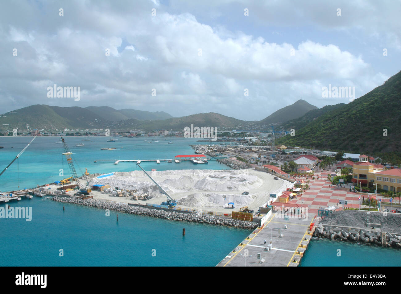 overhead aerial view of cruise ship port terminal construction site and ...