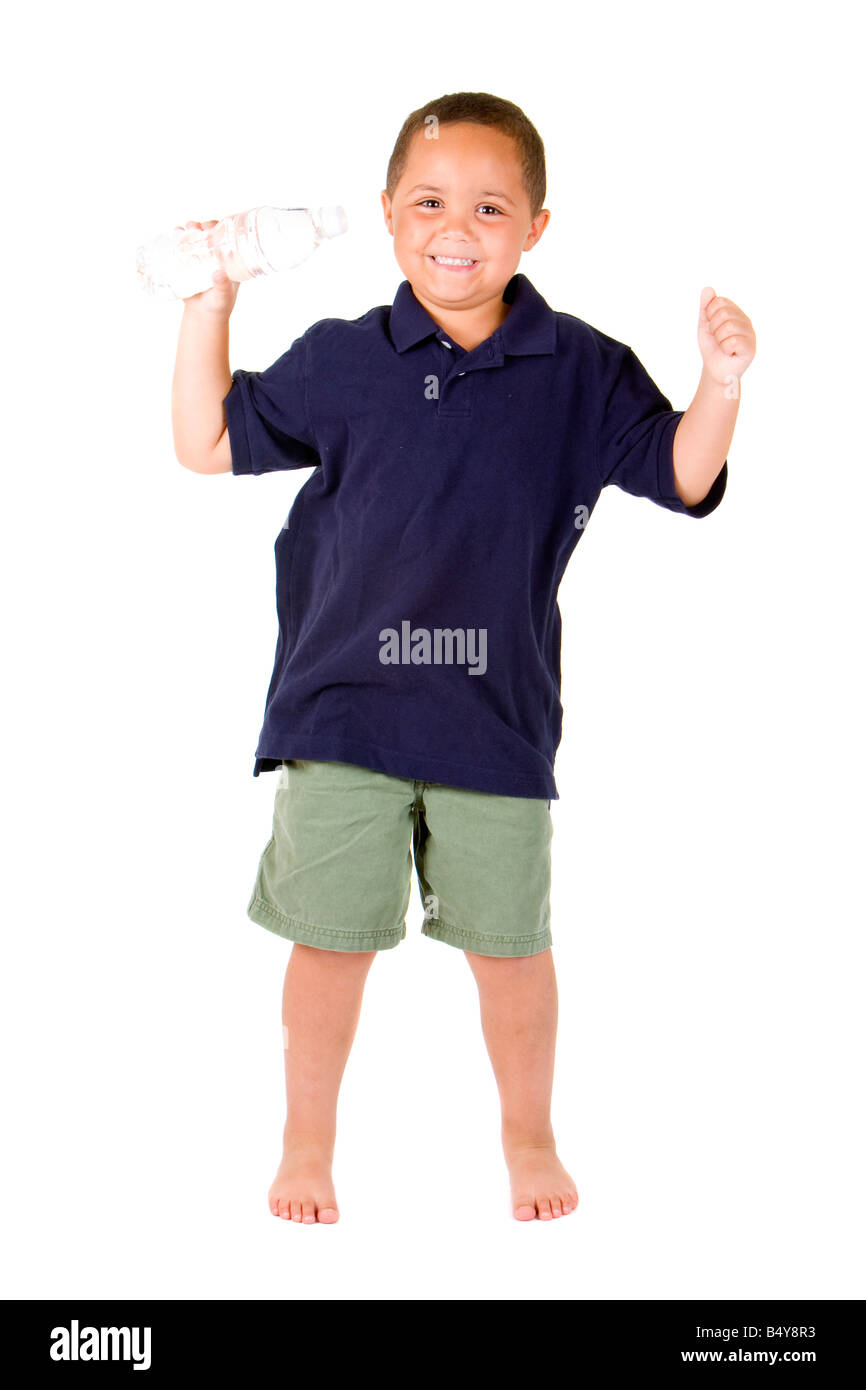 Happy latino boy dancing with water bottle on white background Stock ...