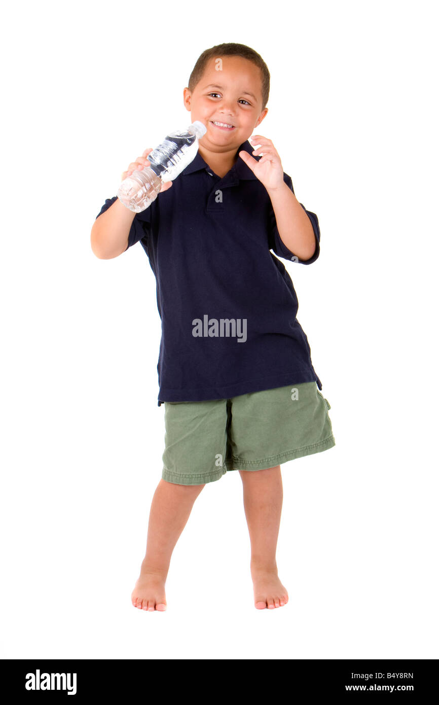 Happy latino boy dancing with water bottle on white background Stock ...
