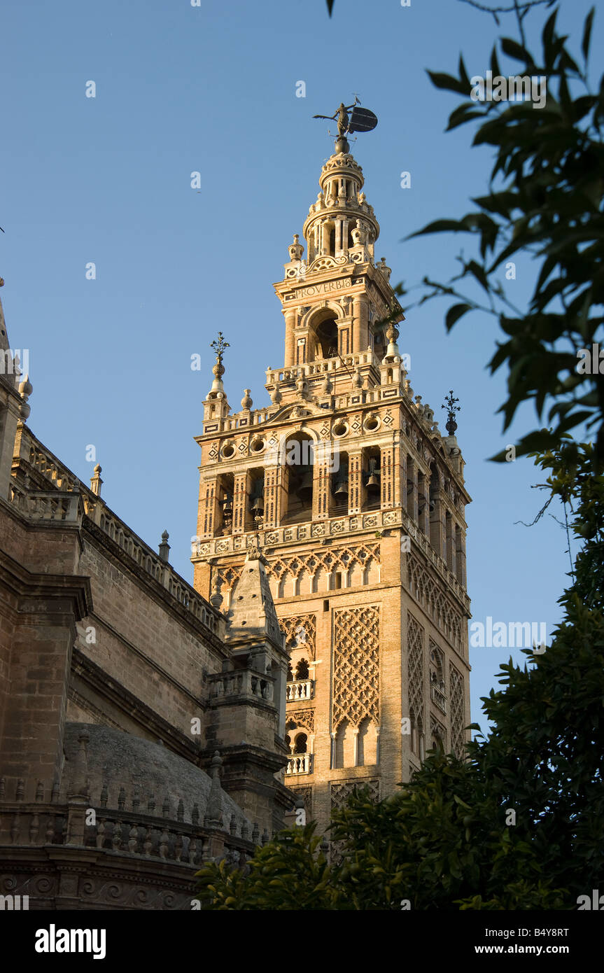 Spain. The tower of Seville's La Giralda. Previously a grand mosque now ...