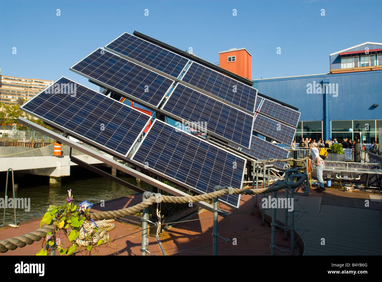 Solar panels are seen on the the Science Barge a sustainable urban farm ...