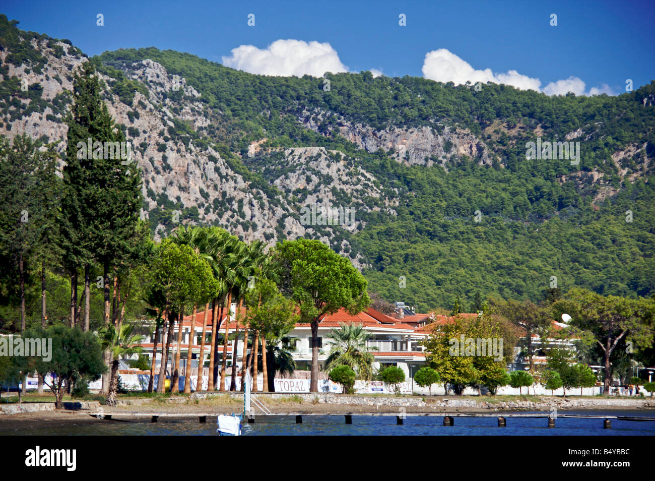 Looking onto Goçek from the sea with hills behind Stock Photo - Alamy