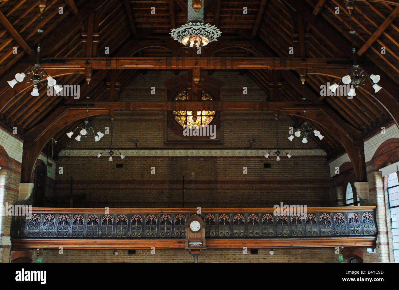 Gallery and Roof with pine trusses and gas lamp of the Normansfield ...