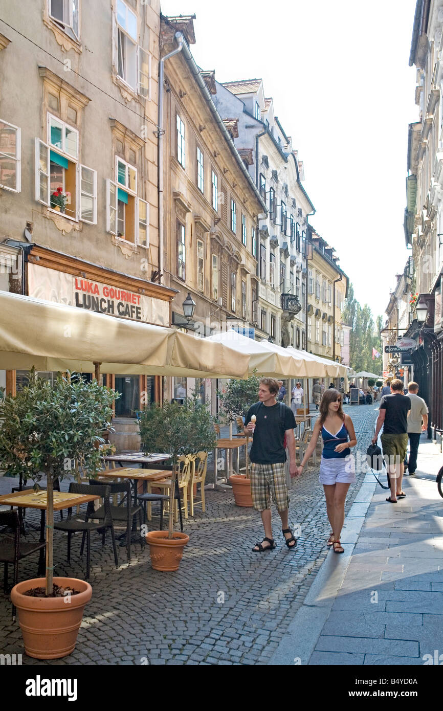 Ljubljana Slovenia Street scene Stari trg square in Old Town a street ...