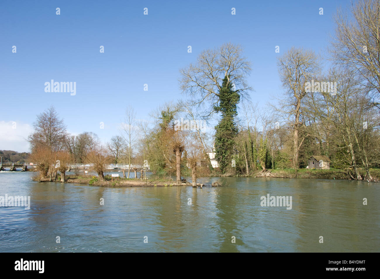 Island in the weir pool at Pangbourne on the river Thames Stock Photo ...