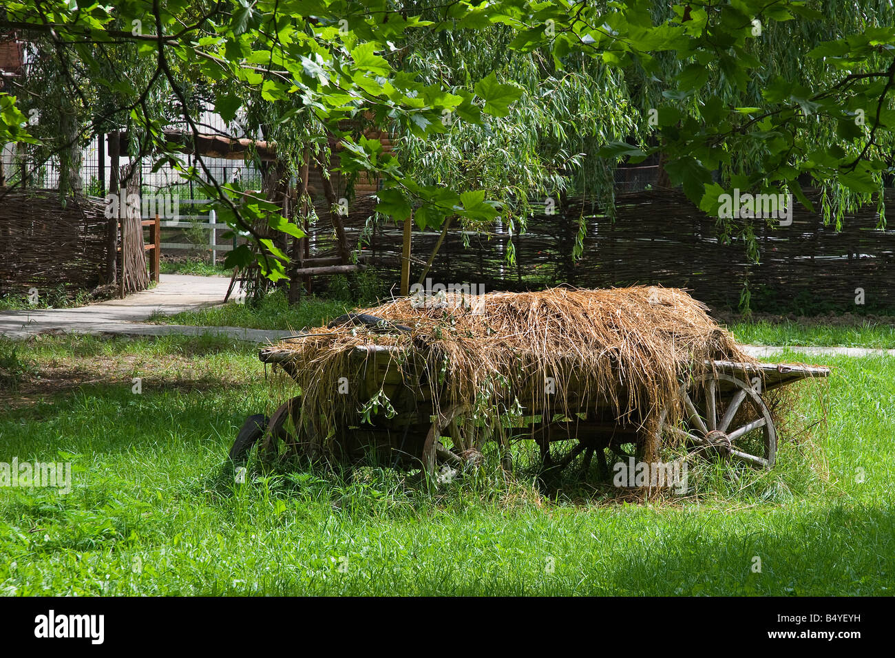 The old cart with hay stands on a farm Stock Photo - Alamy