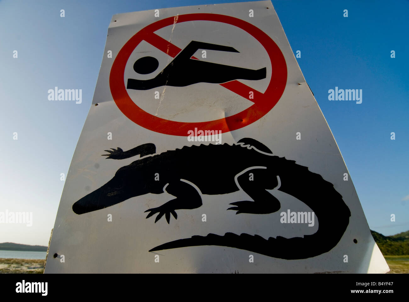 Danger sign NO SWIMMING, crocodiles, Greater St. Lucia Wetland park, St ...