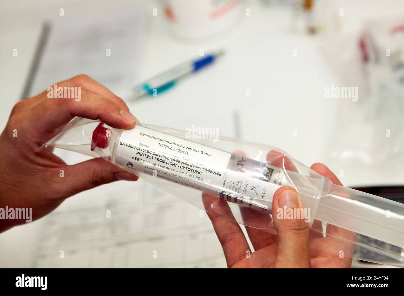 Close up syringe containing cancer drug in protective bag Stock Photo ...