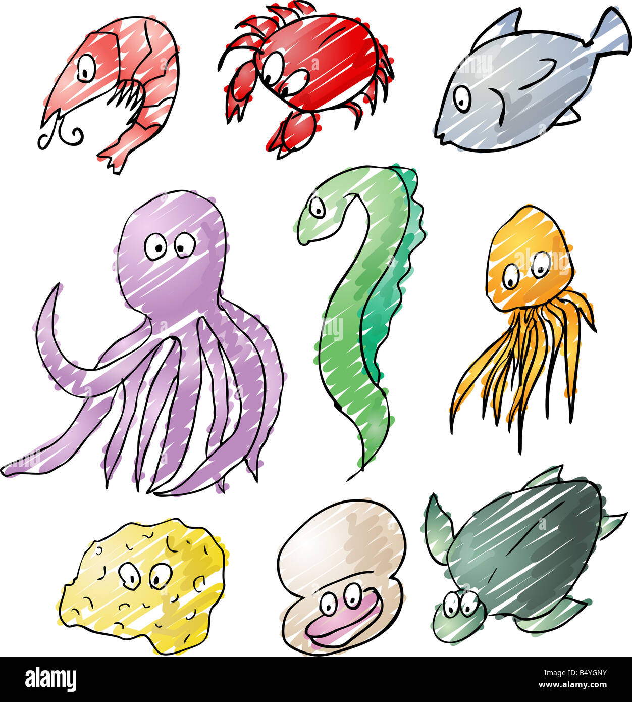 Cartoon illustrations of sea creatures shrimp crab fish octopus eel ...