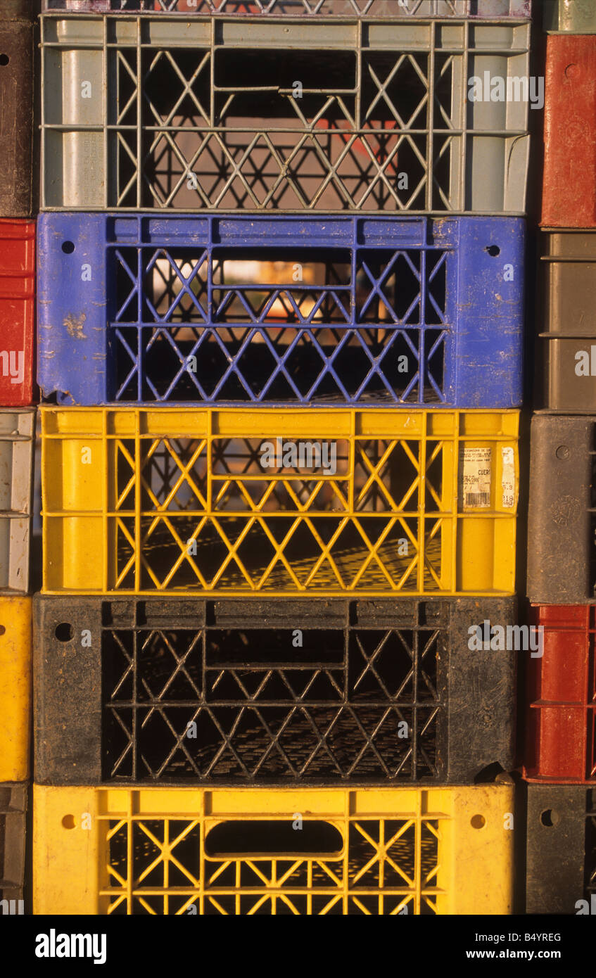 Colourful plastic fish crates in fishing harbour , Iquique , Chile ...