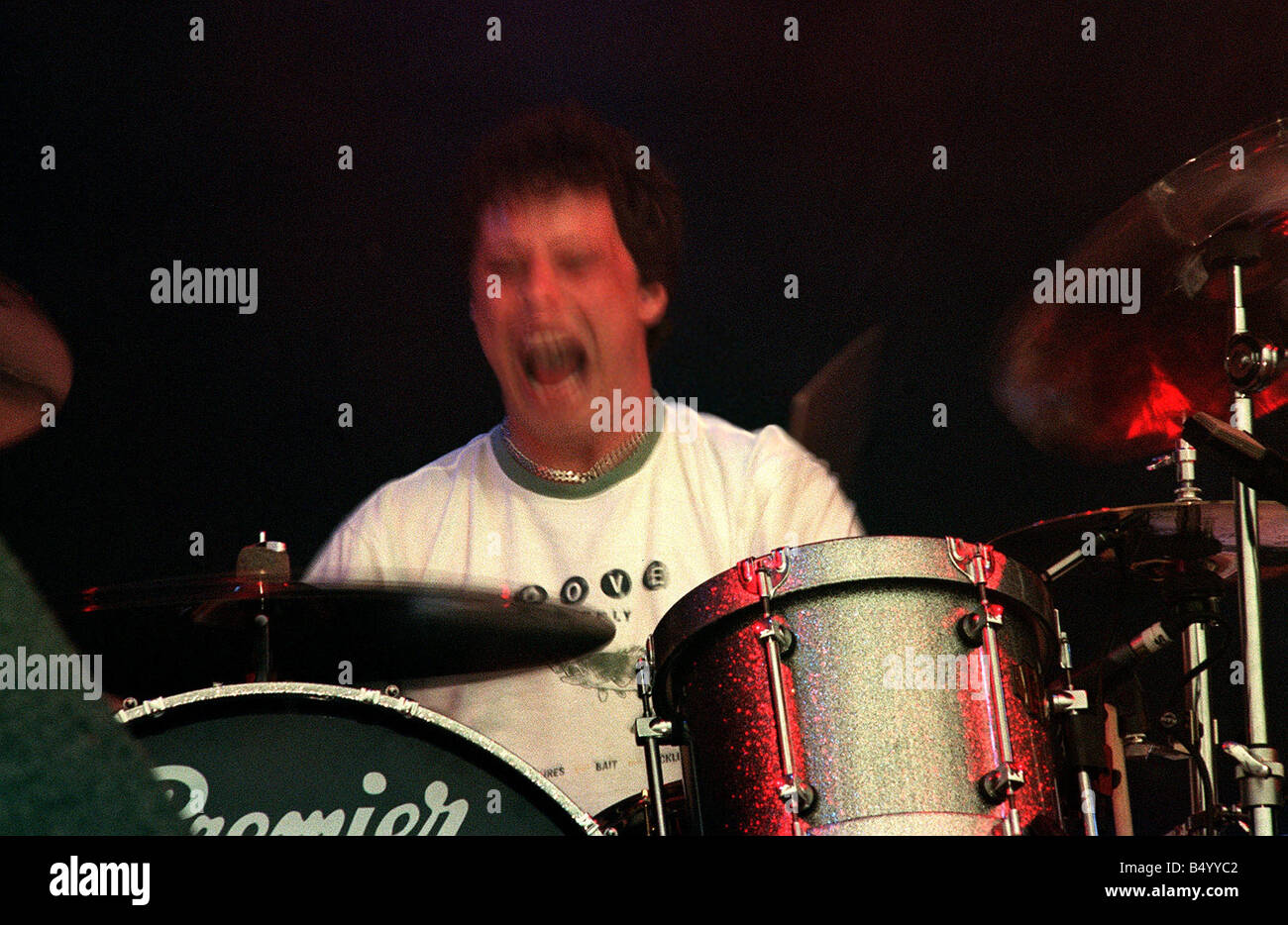Drummer of the Stereophonics at T in the Park mouth open mid song Jull ...