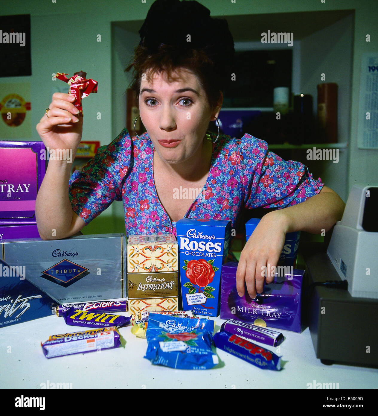 Teri Lally eating chocolate June 1990 Stock Photo - Alamy