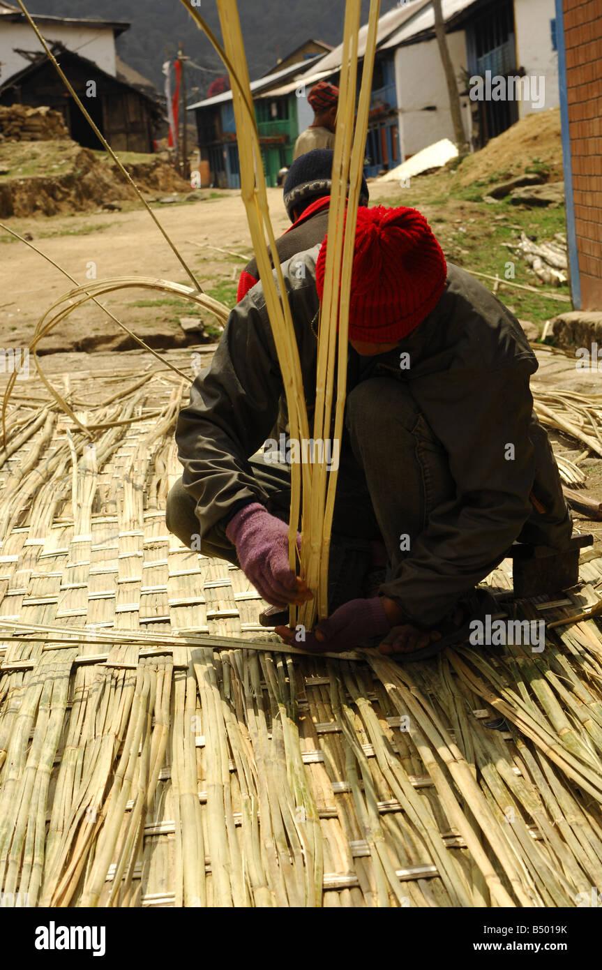 Nepali boy weaving a new roof for his home high in the hills of Nepal ...