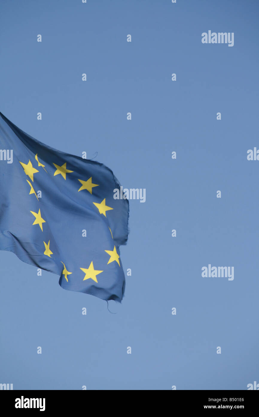 one european union flag flying in the wind in sun Stock Photo - Alamy
