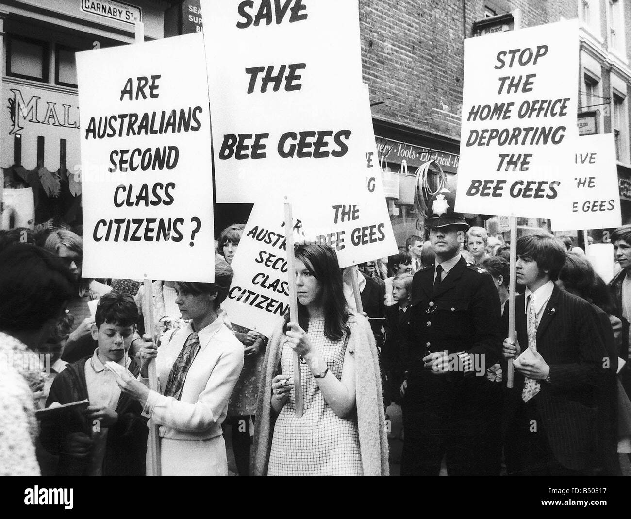 Demonstrations Fans of the pop group the Bee Gees protesting against ...