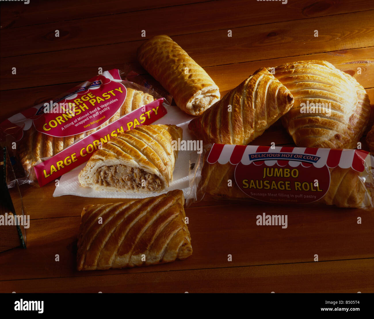 Pre-packed Cornish pasties and sausage rolls Stock Photo - Alamy