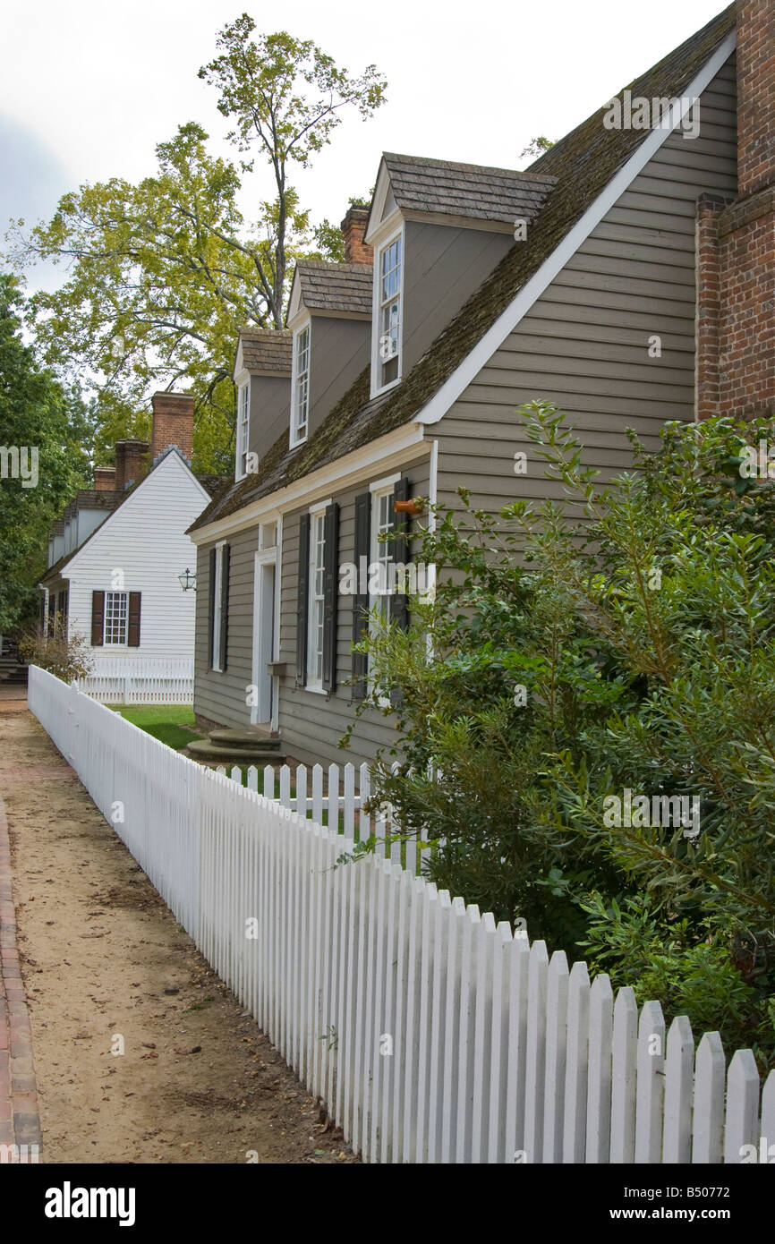 Restored residence in Colonial Williamsburg fronted by a picket fence ...