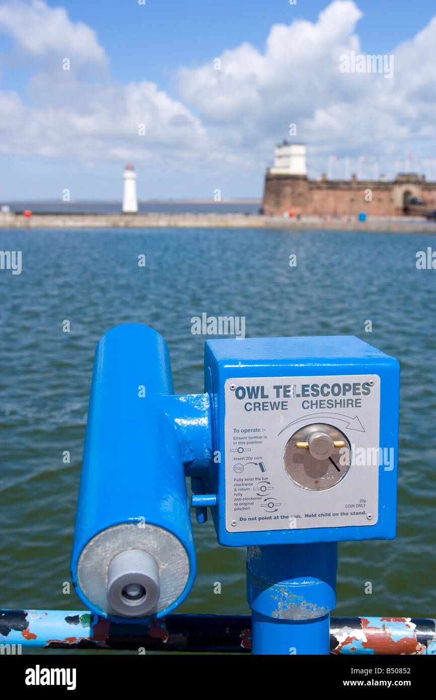 Telescope pointing towards the lighthouse and fort at Perch Rock, New ...