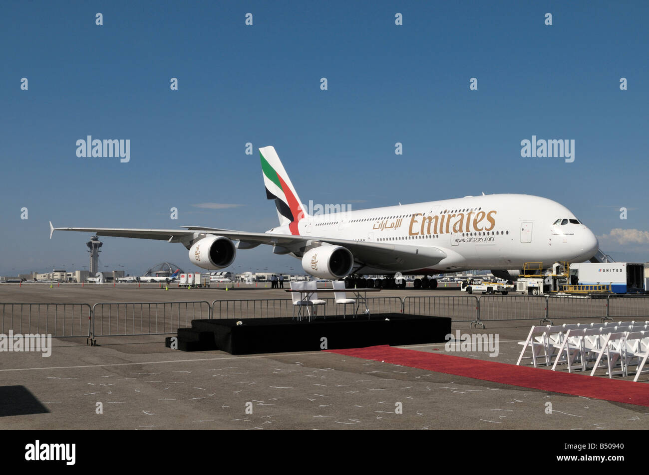 Emirates A380 Airbus super jumbo jet parked on the tarmac near the ...