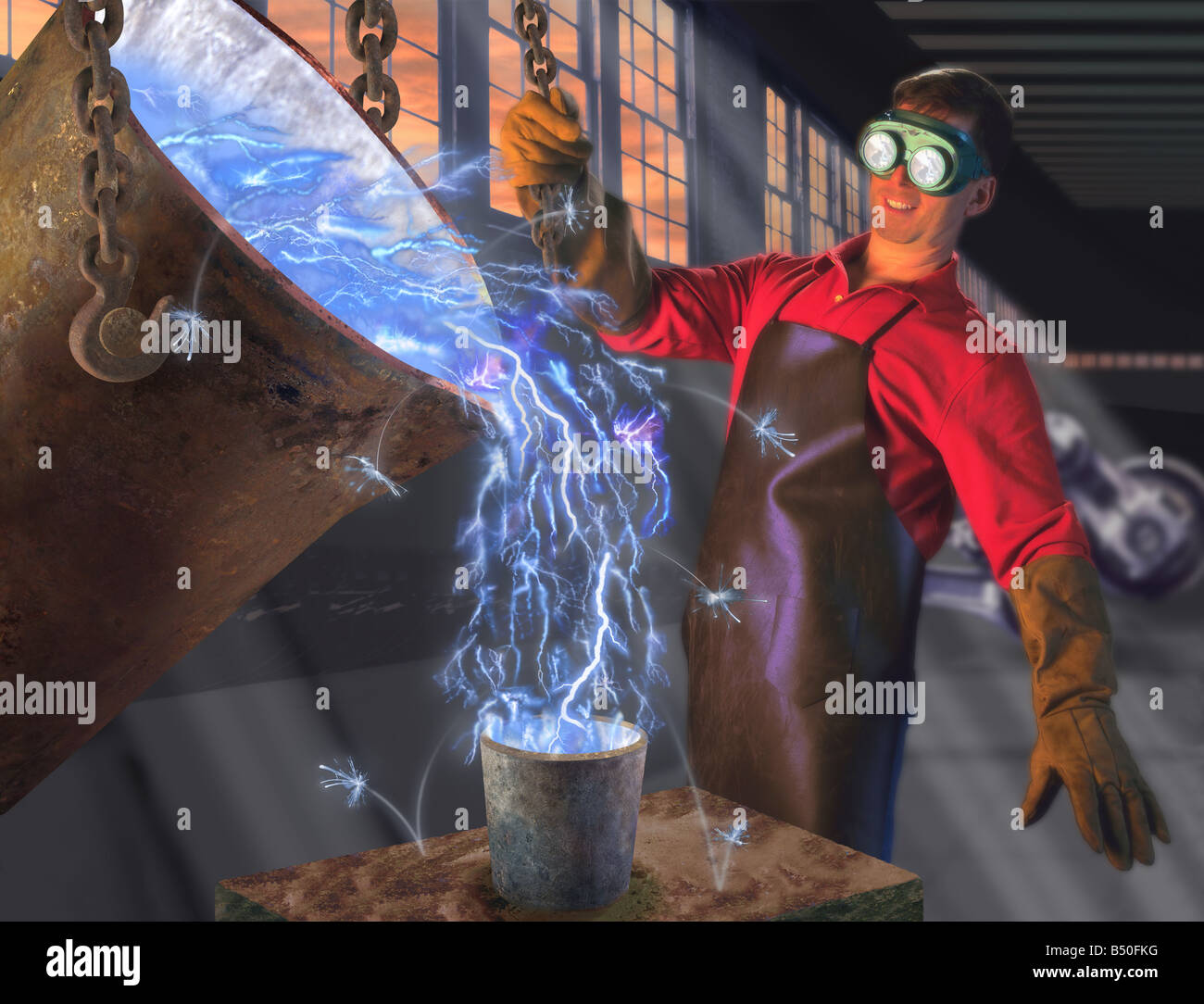 A man pouring electricity in a factory setting Stock Photo - Alamy