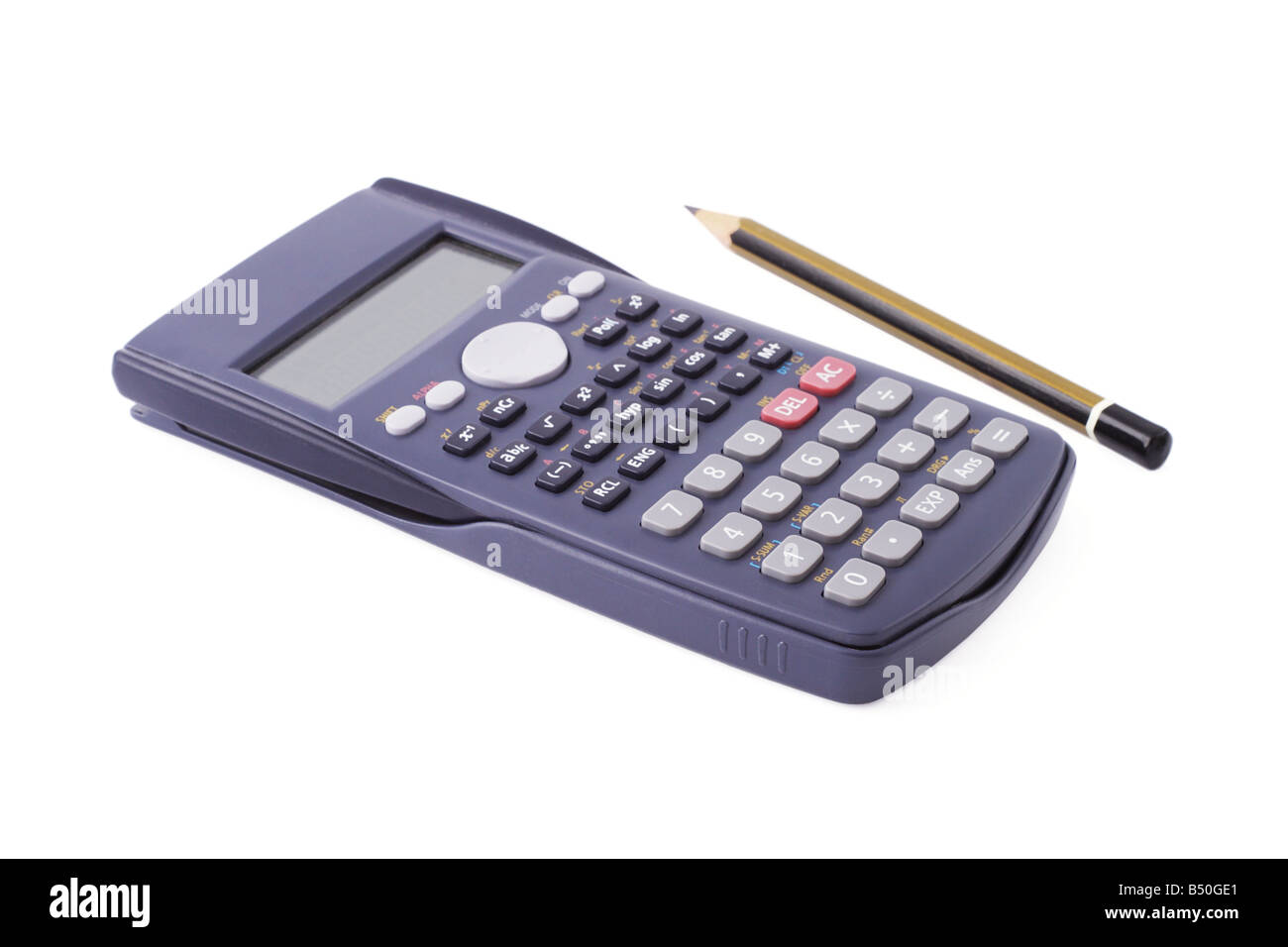 Scientific calculator and pencil on white background Stock Photo - Alamy