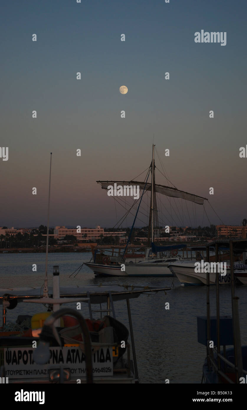 The harbour by moonlight at Paphos Cyprus Europe Stock Photo - Alamy