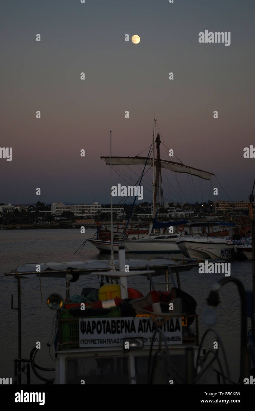 The harbour by moonlight at Paphos Cyprus Europe Stock Photo - Alamy