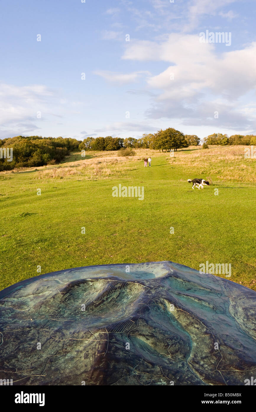 Evening sunlight falling on the topograph at Shortwood, Haresfield Hill ...