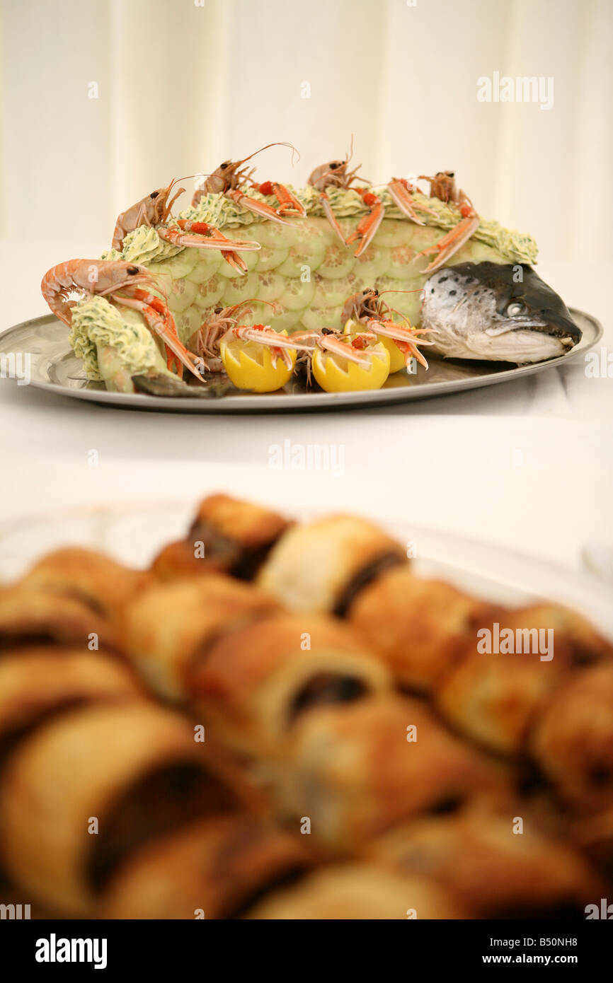 Trout with king prawns at a buffet Stock Photo - Alamy