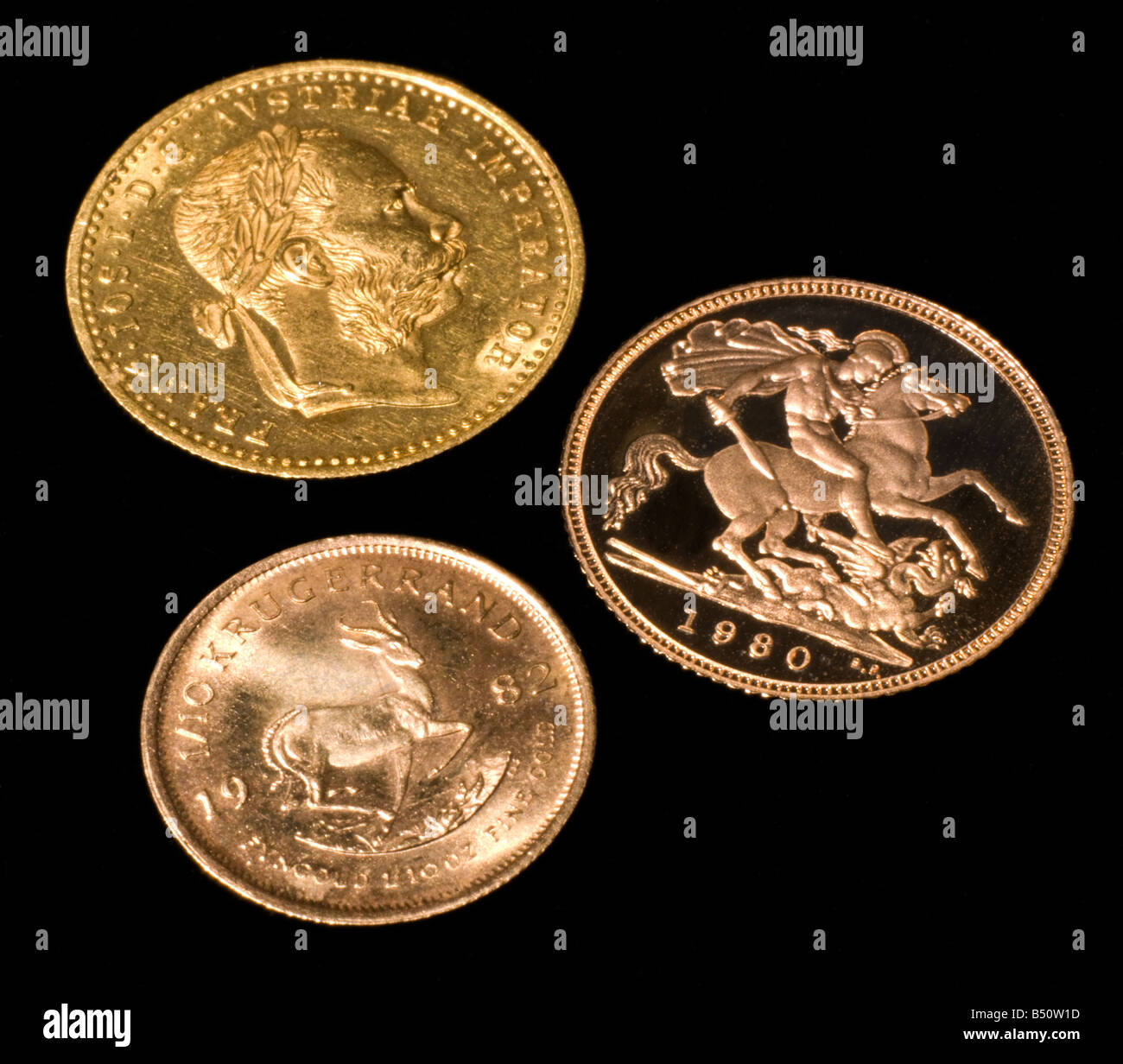 Gold coins - Half Sovereign, Austrian Ducat and 10th Krugerrand Stock ...