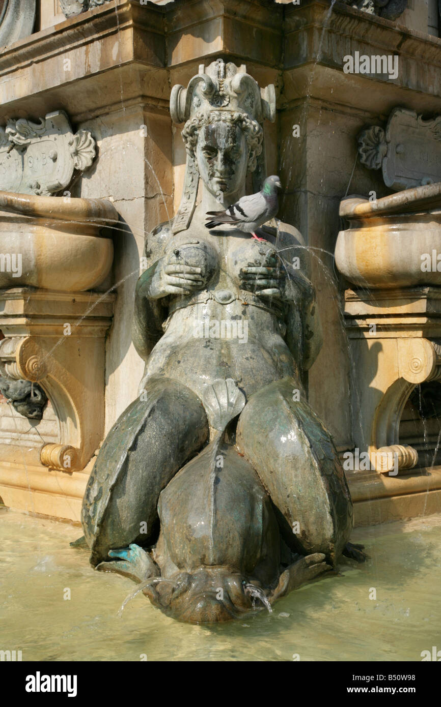 Detail of mermaid in the the Neptune fountain, Piazza del Nettuno ...