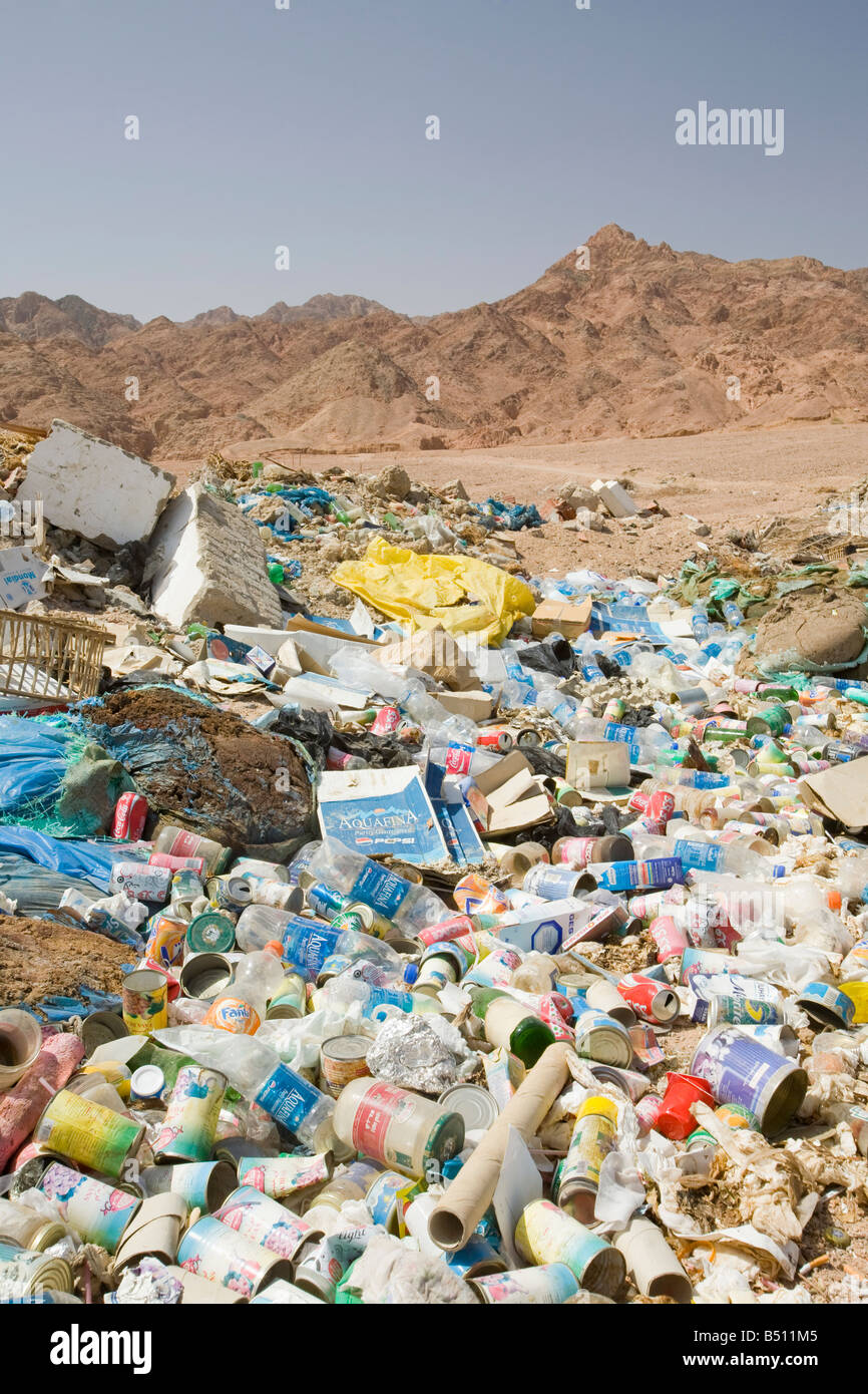 Rubbish discarded in the mountains of the Sinai desert near Dahab in ...
