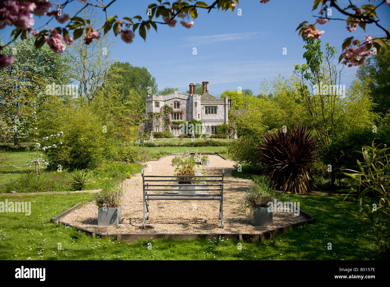 Blossom framed view of the garden at Mannington Hall near Aylsham ...