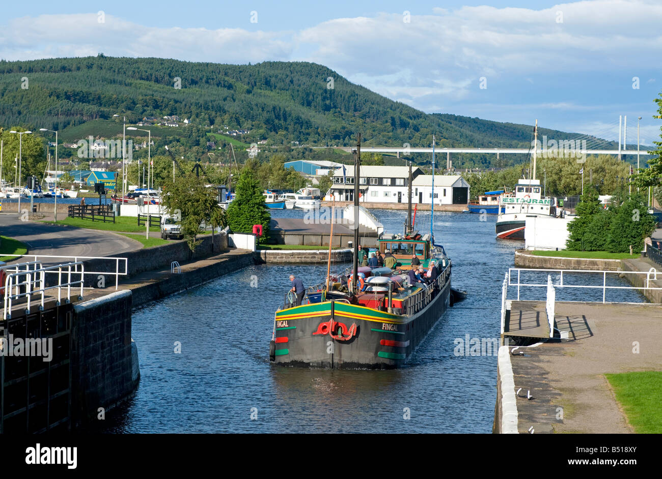 Long boat barge entering the Caledonian Canal at Muirton Inverness ...