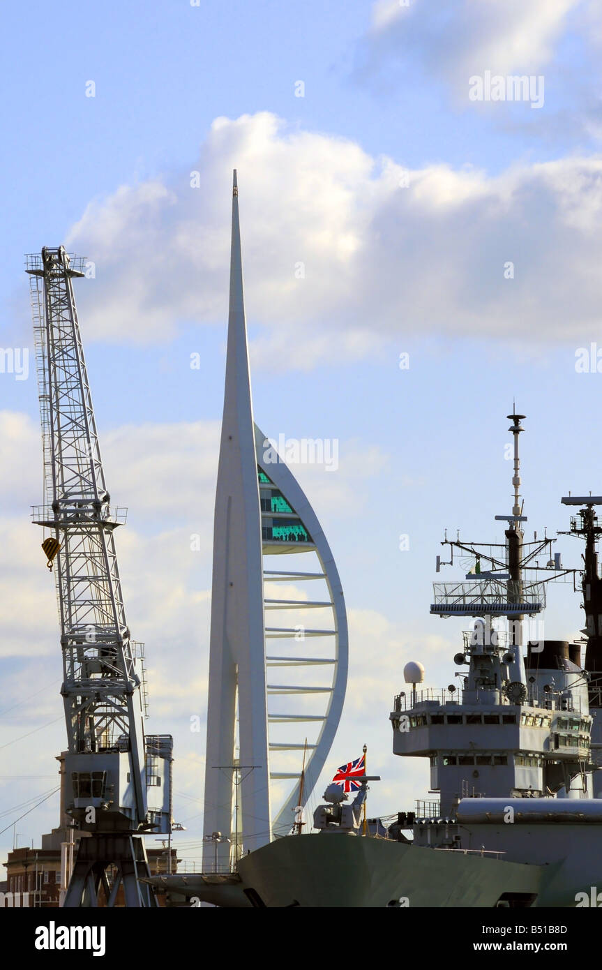 Spinaker tower,Battleship and crane Stock Photo - Alamy