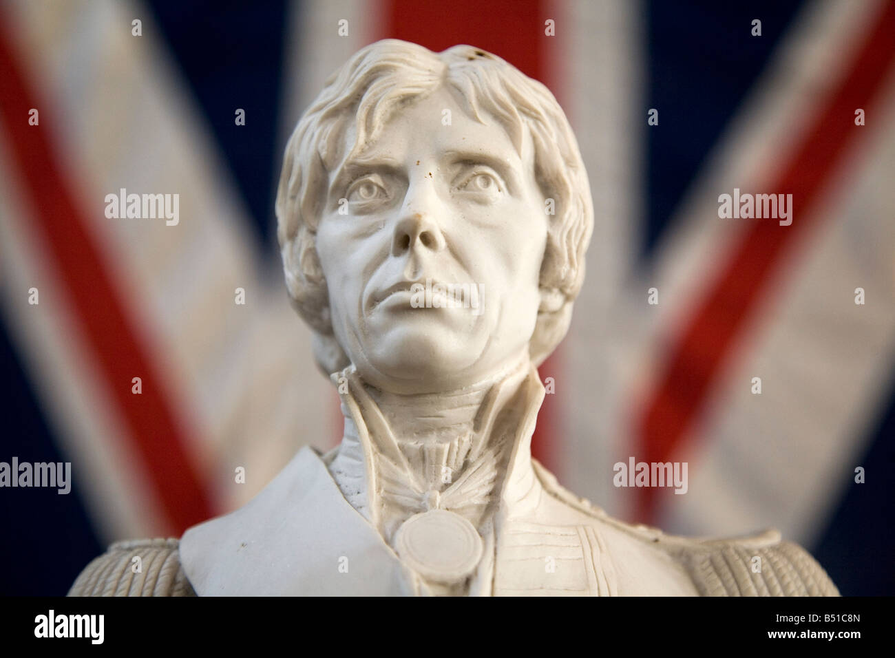 A bust of Lord Nelson is displayed on a union flag to celebrate the ...