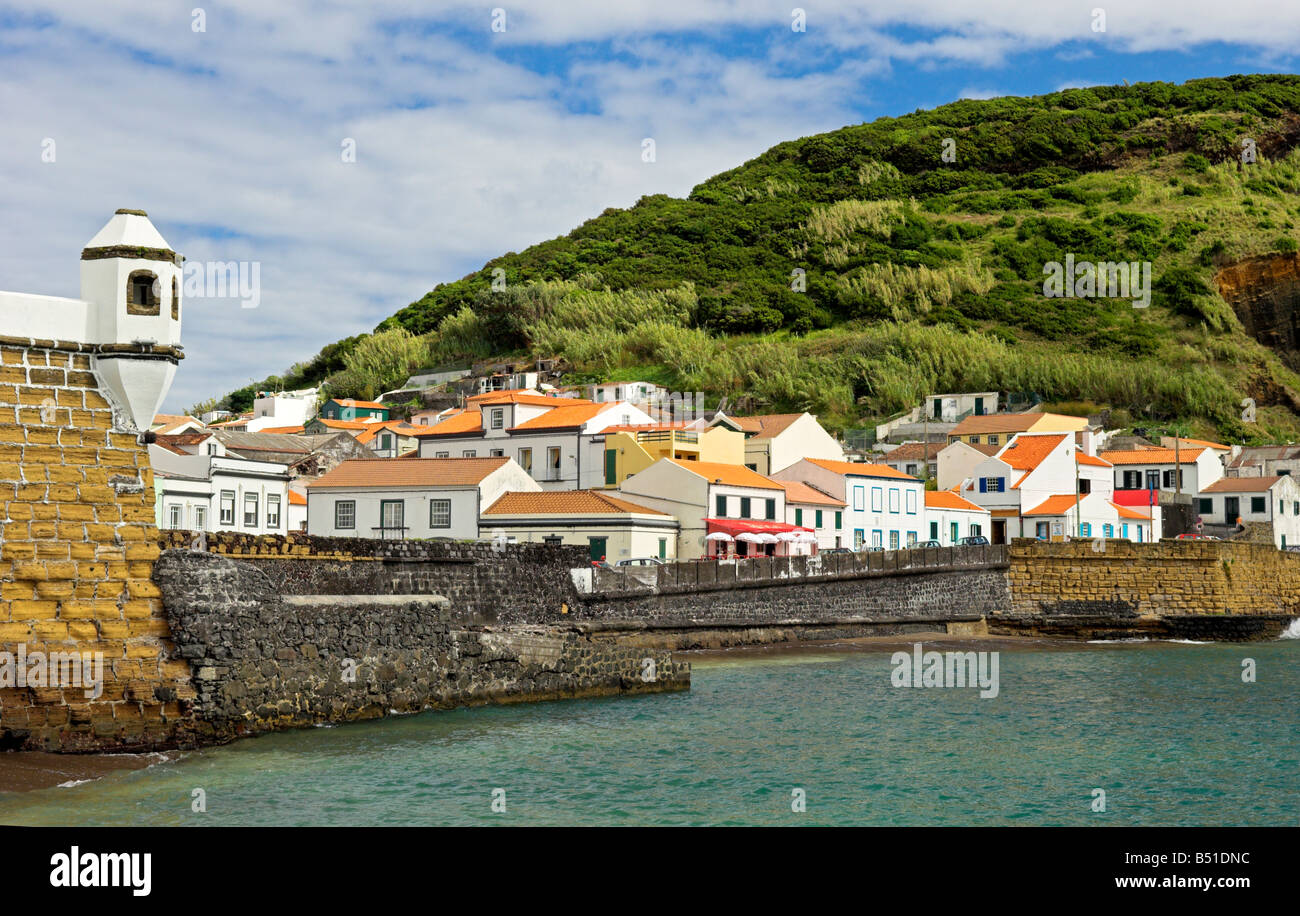 Fortified entrance and houses Porto Pim bay Horta Faial Island Azores ...