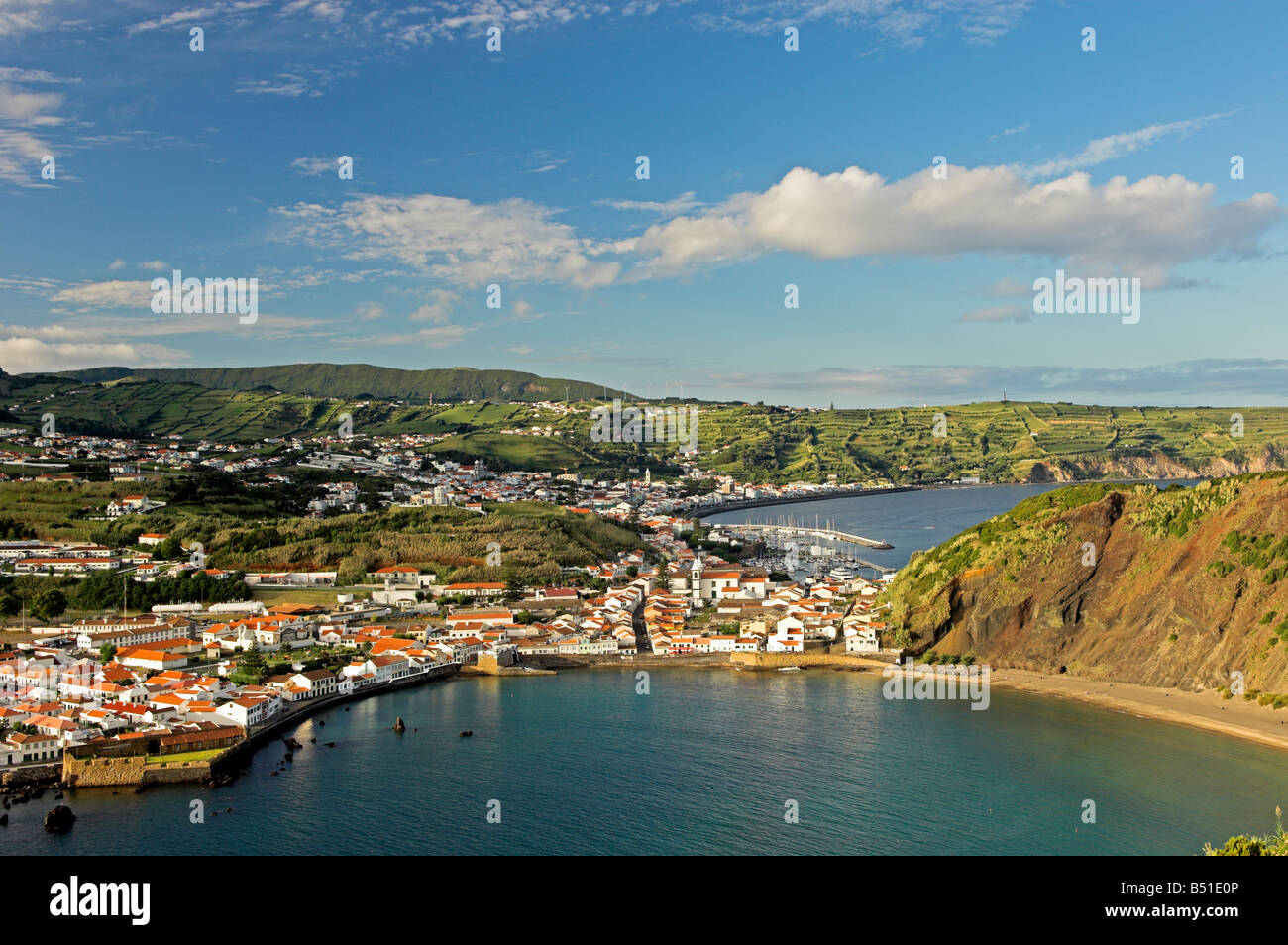 Town of Horta with Pim bay mountains and harbour Faial Island Azores ...