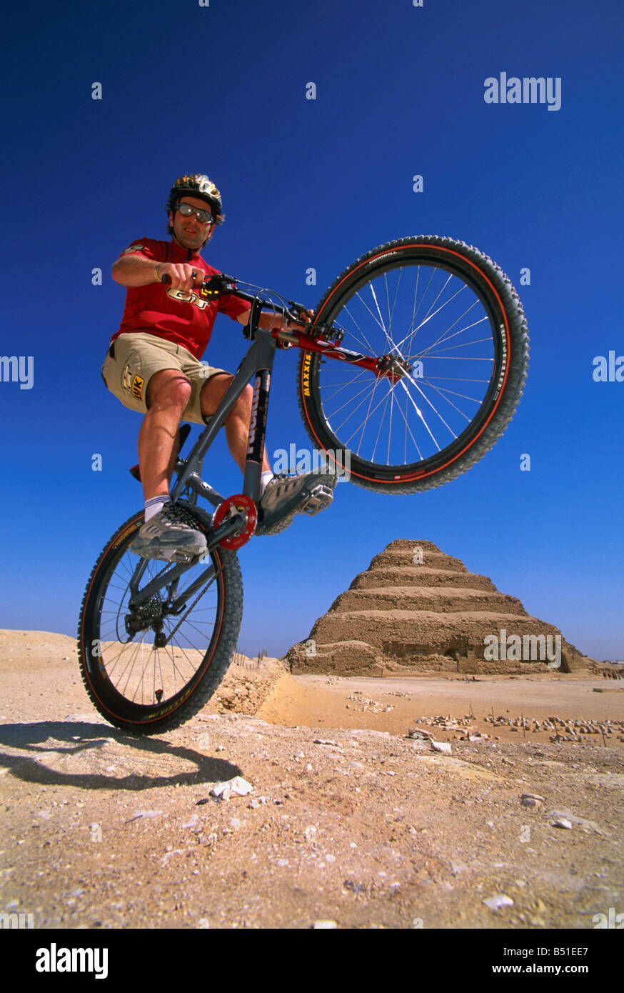 World Champion mountain biker, Hans Rey, at the Saqqara, Sakkara ...