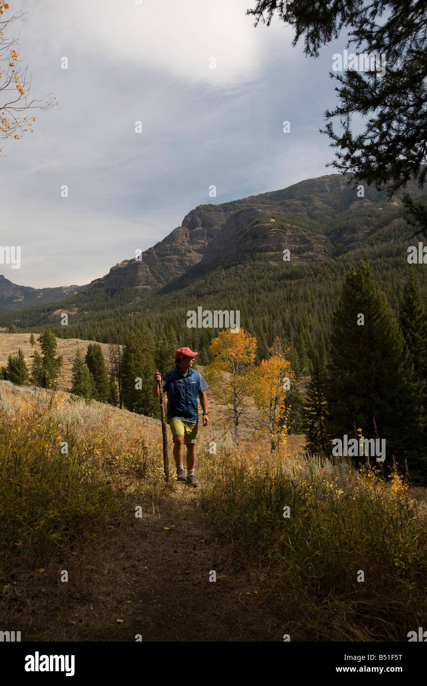 Montana, Yellowstone National Park. A man hikes on a beautiful fall day ...