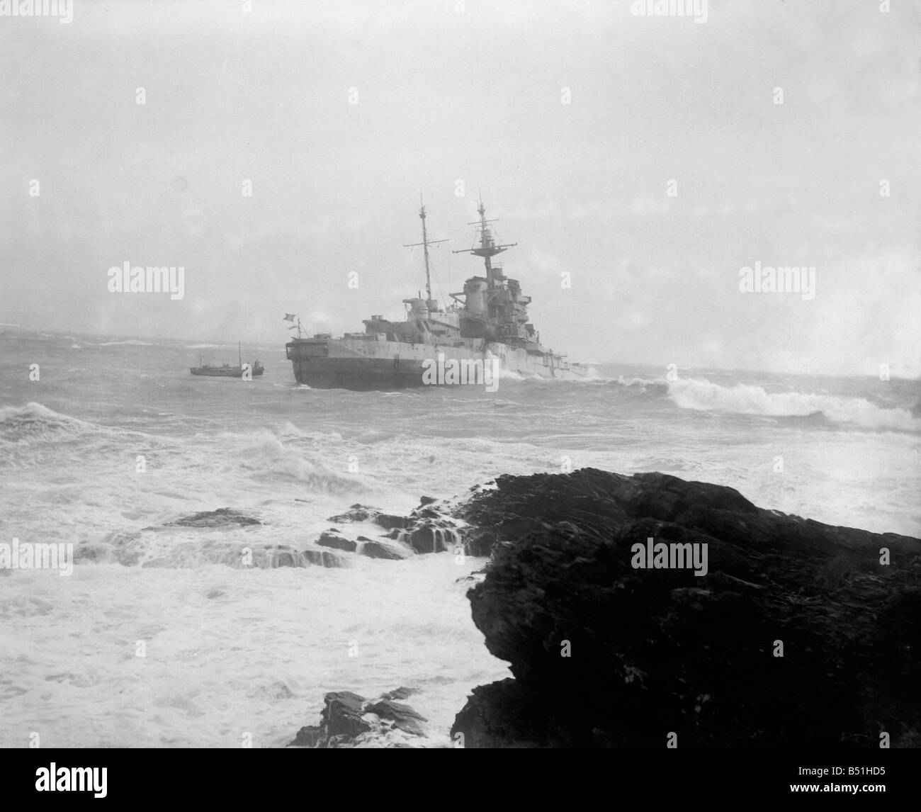 H.M.S Warspite on way to ship breakers yard is driven ashore by a gale ...
