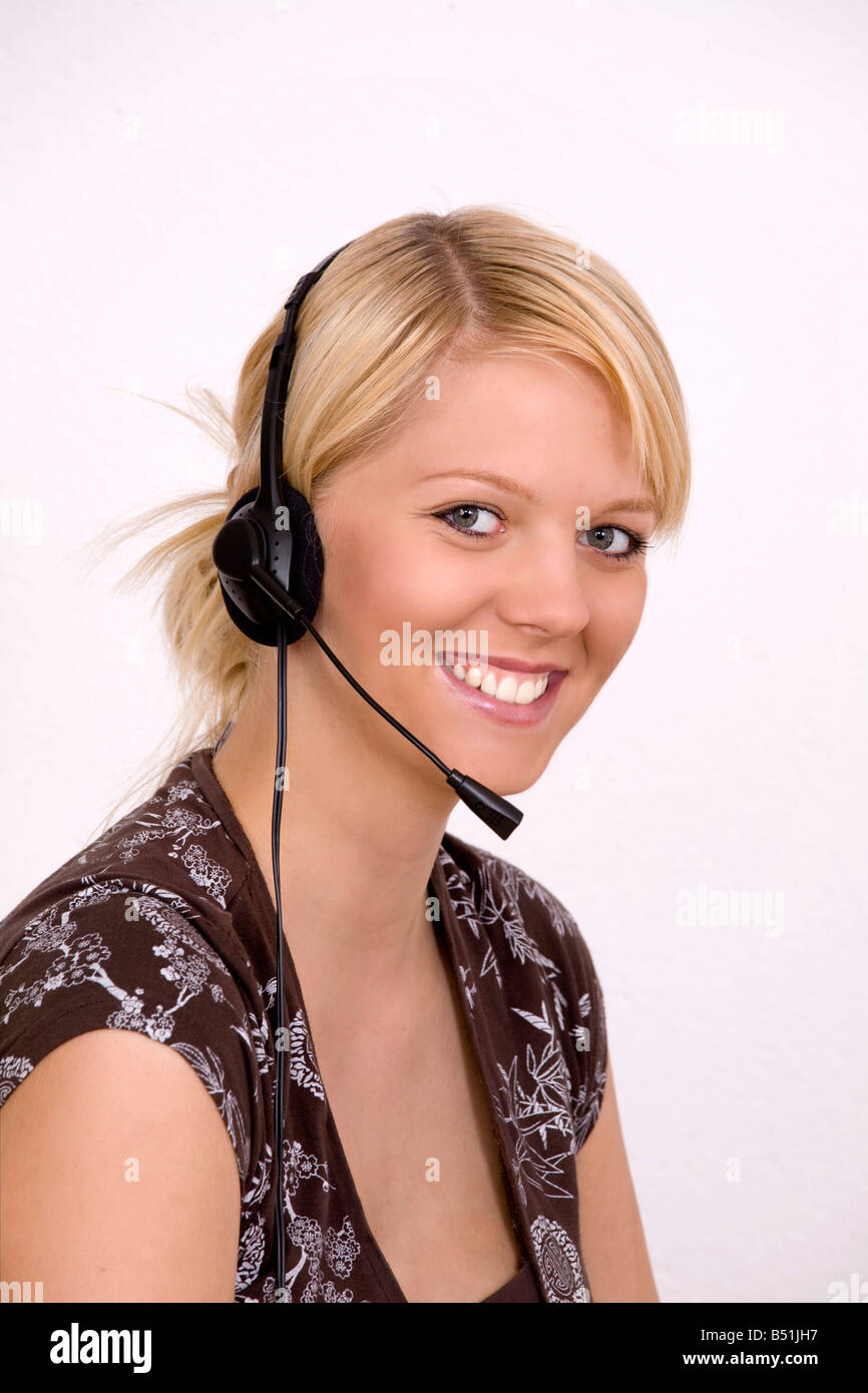 blonde operator headset Stock Photo - Alamy
